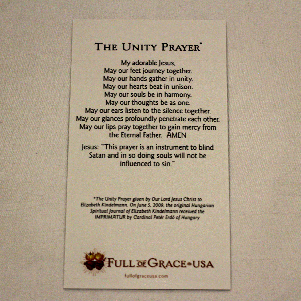 The Unity Prayer Holy Card, NEW — Full of Grace USA