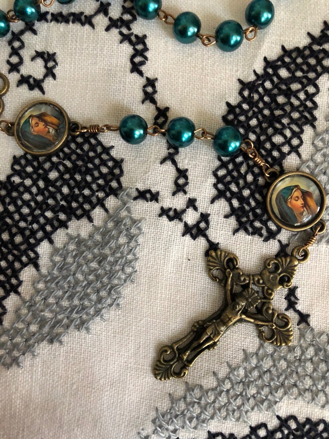 Our Lady of Sorrows Teal Pearl Bronze Rosary with Filigree Crucifix by