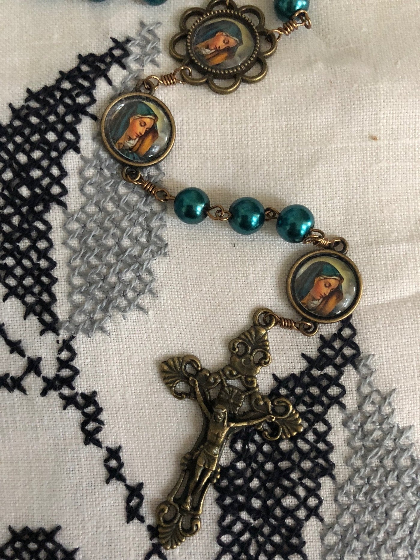 Our Lady of Sorrows Teal Pearl Bronze Rosary with Filigree Crucifix by